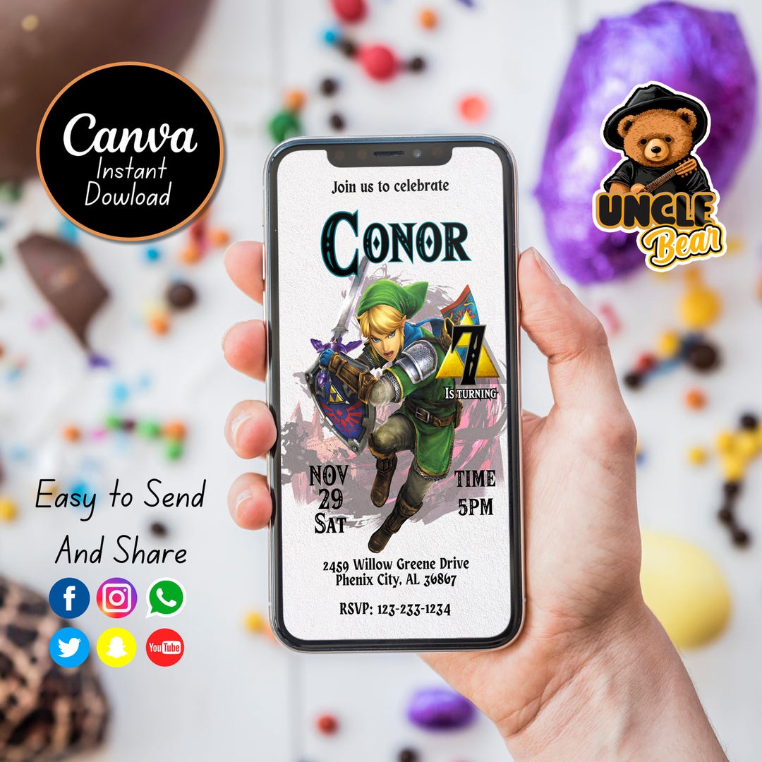 Editable the Legend of Zelda Birthday Electronic Invitation, Mobile ...