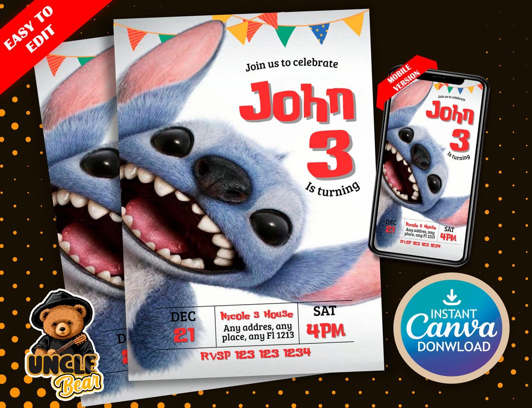 Plantilla de invitación de cumpleaños editable con puntada móvil ...