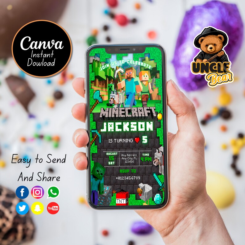 Minecrafter Birthday Invitation | Mine Kids Birthday Mobile Invite ...