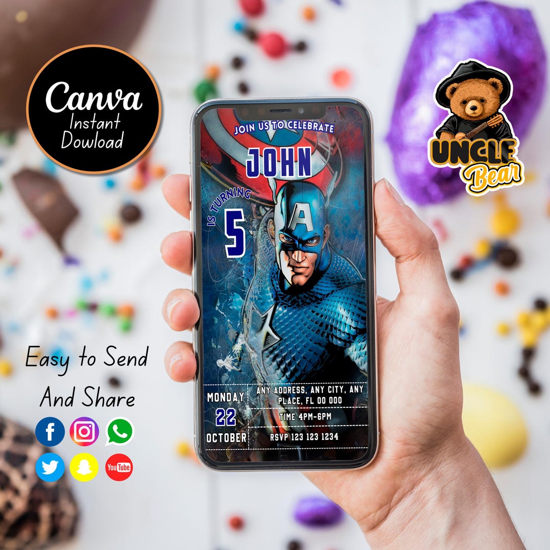 Editable Captain America Birthday Invitation, Capt America Theme Party ...