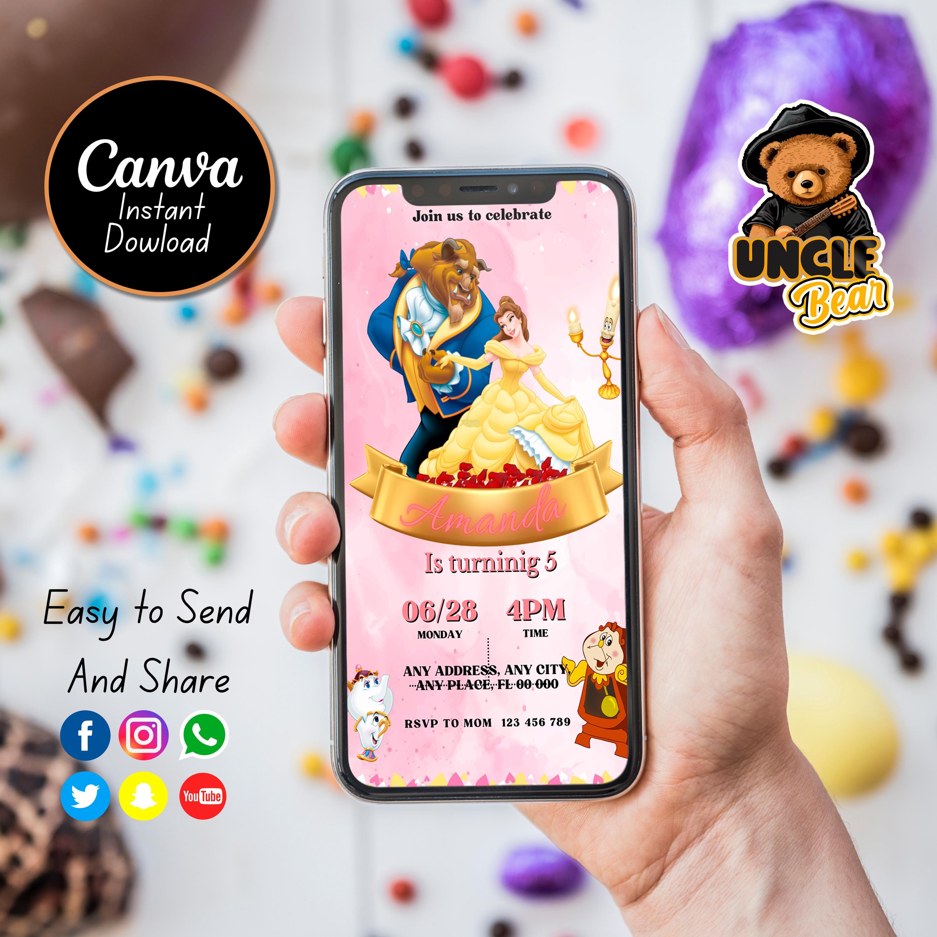 Editable Beauty and the Beast Birthday Invitation Mobile | Birthday ...