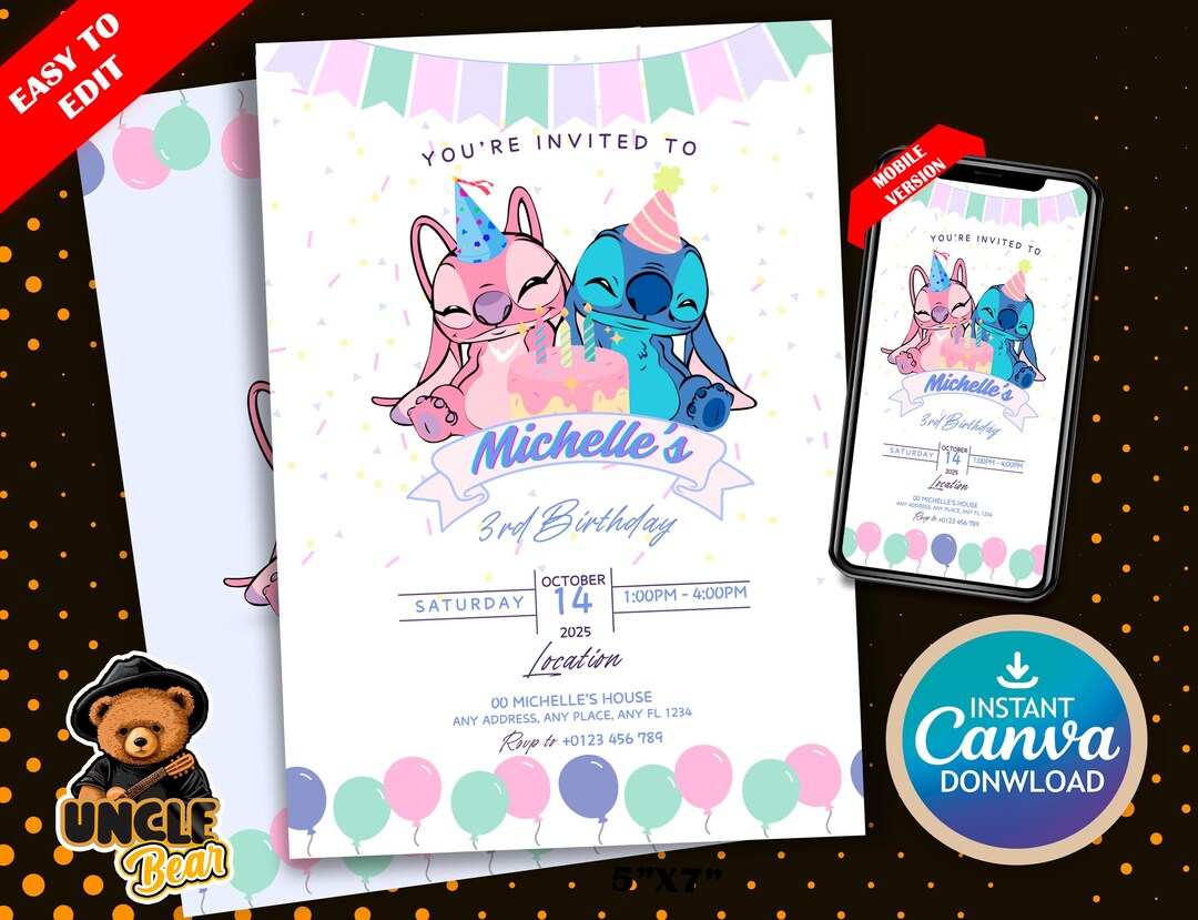 Editable Mobile Stitch Birthday Invitation Template, Birthday Party ...
