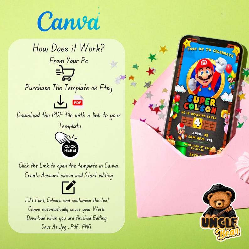 Super Mario Birthday Invitation | Mobile Template, Editable Canva ...