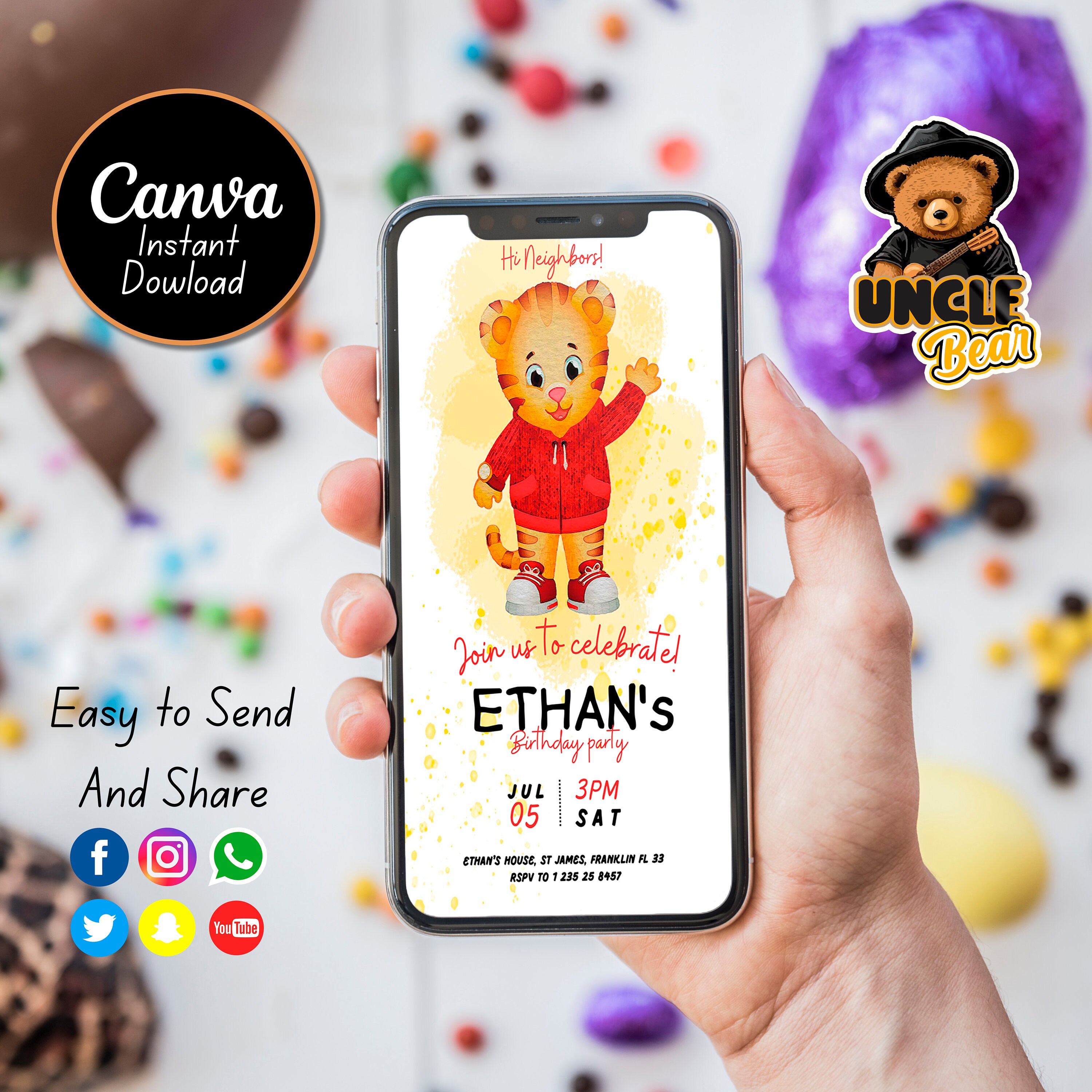 Daniel Tiger Birthday Invitation Mobile, Editable Digital Invitation ...