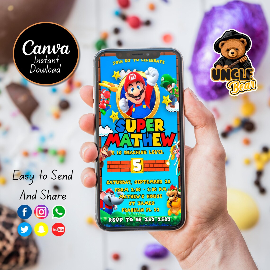 Super Mario Bros Mobile Digital Birthday Invitation | Super Mario ...
