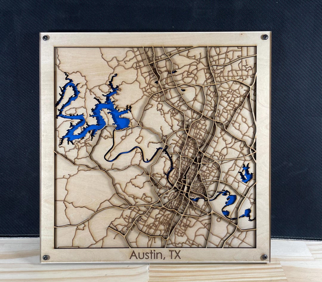 Austin, Tx Topographic Map - Laser Cut Wood Map With Roads & Water ...