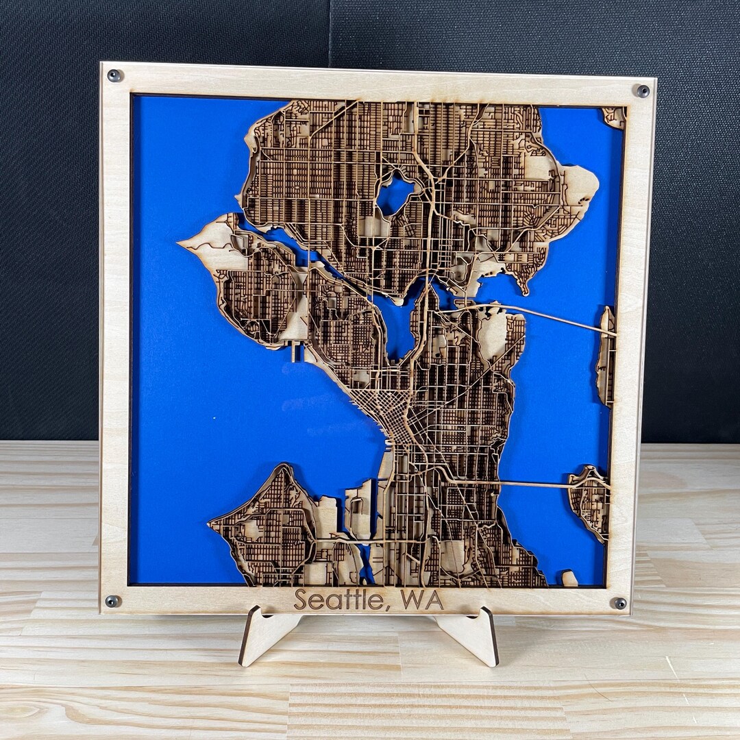 Seattle WA Topographic Map – Laser Cut City Map Wall Art, Roads & Water ...