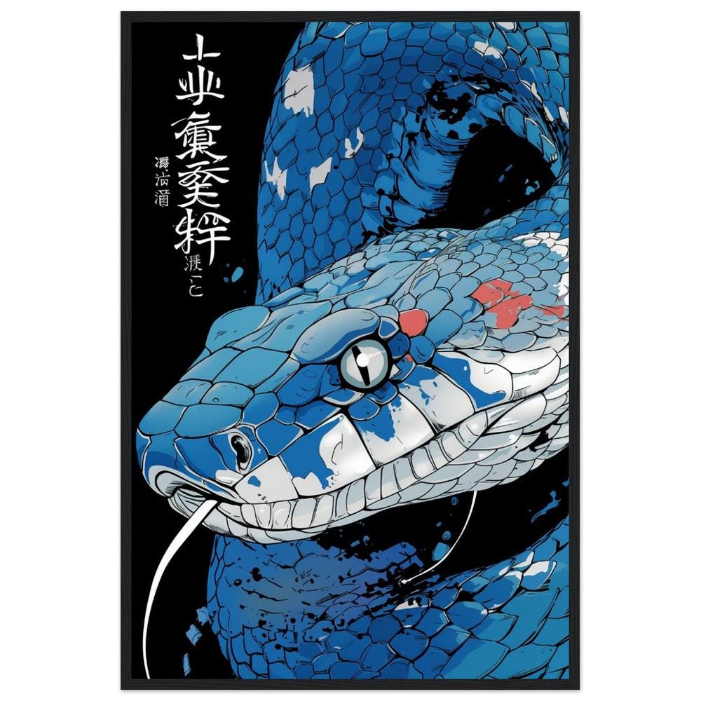 Blue and White Japanese Comic Snake Print Traditional Japanese Art Semi ...