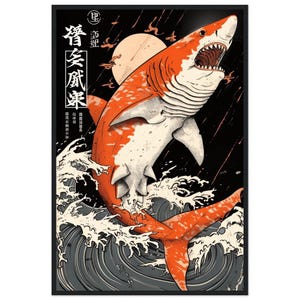Shark Japanese Ukiyo-e Inspired Cartoon Art Print Black, White, and ...