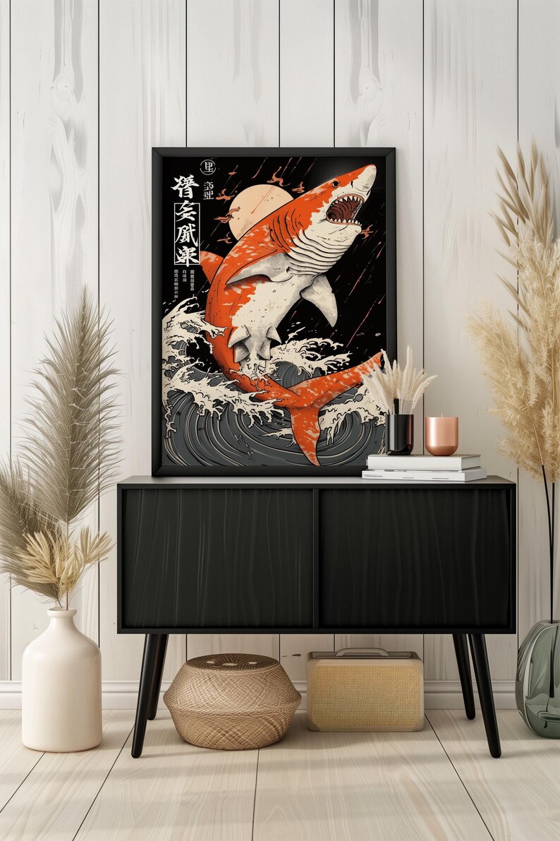 Shark Japanese Ukiyo-e Inspired Cartoon Art Print Black, White, and ...