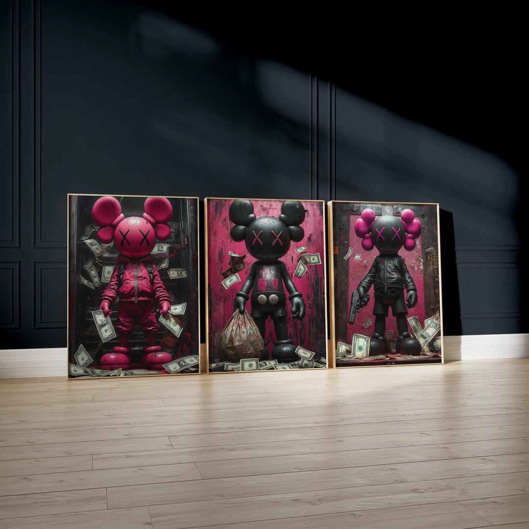 KAWS Money Wall Art Set of 3 Prints, Hypebeast Digital Wall Art, Pink ...