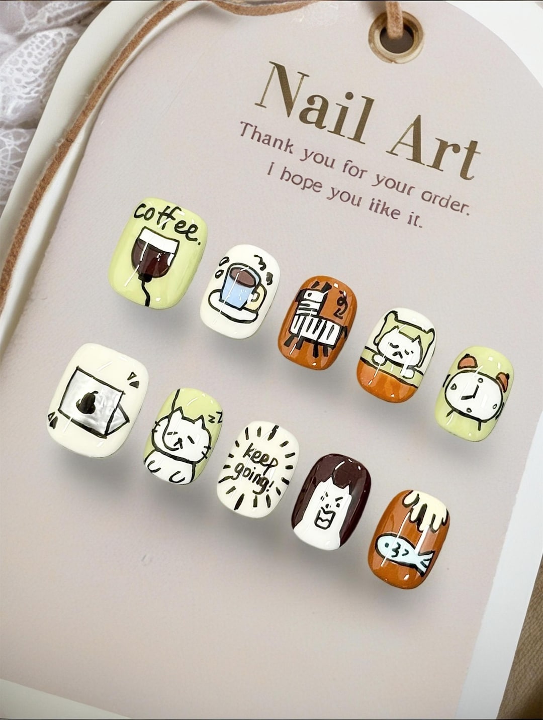 Working Cat/cute Doodle Bitter Coffee/handmade Press on Nails/pure Hand ...