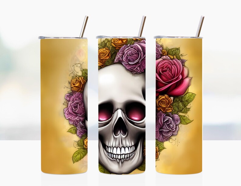 Skull Tumblers With Flowers Skeleton Halloween Cups Spooky Skull ...