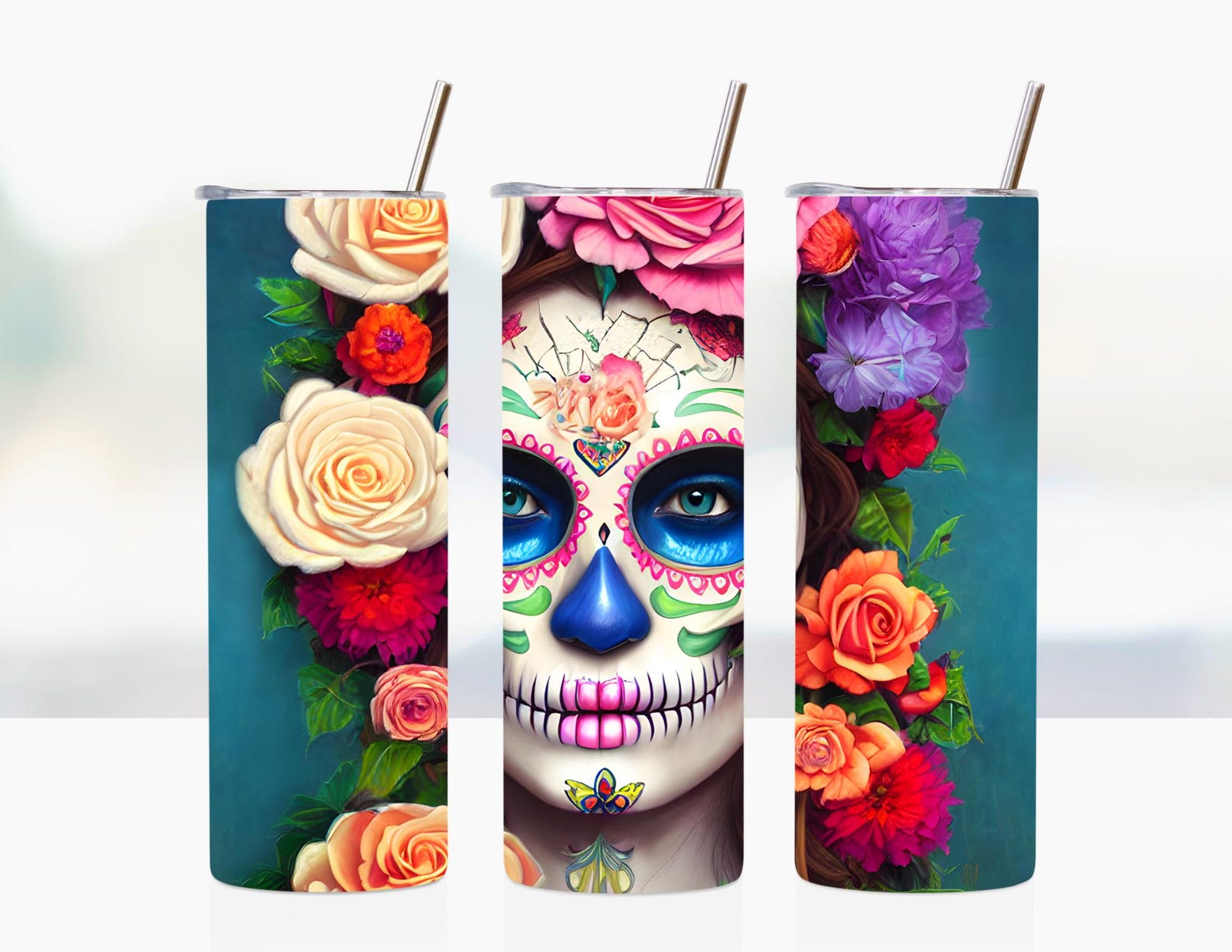 Skull Tumblers With Flowers Skeleton Halloween Cups Spooky Skull ...
