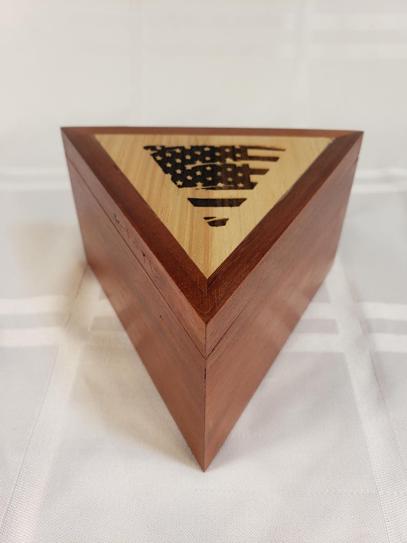 Rosewood & Oak Triangle Box With Triangle American Flag Laser Engraved ...