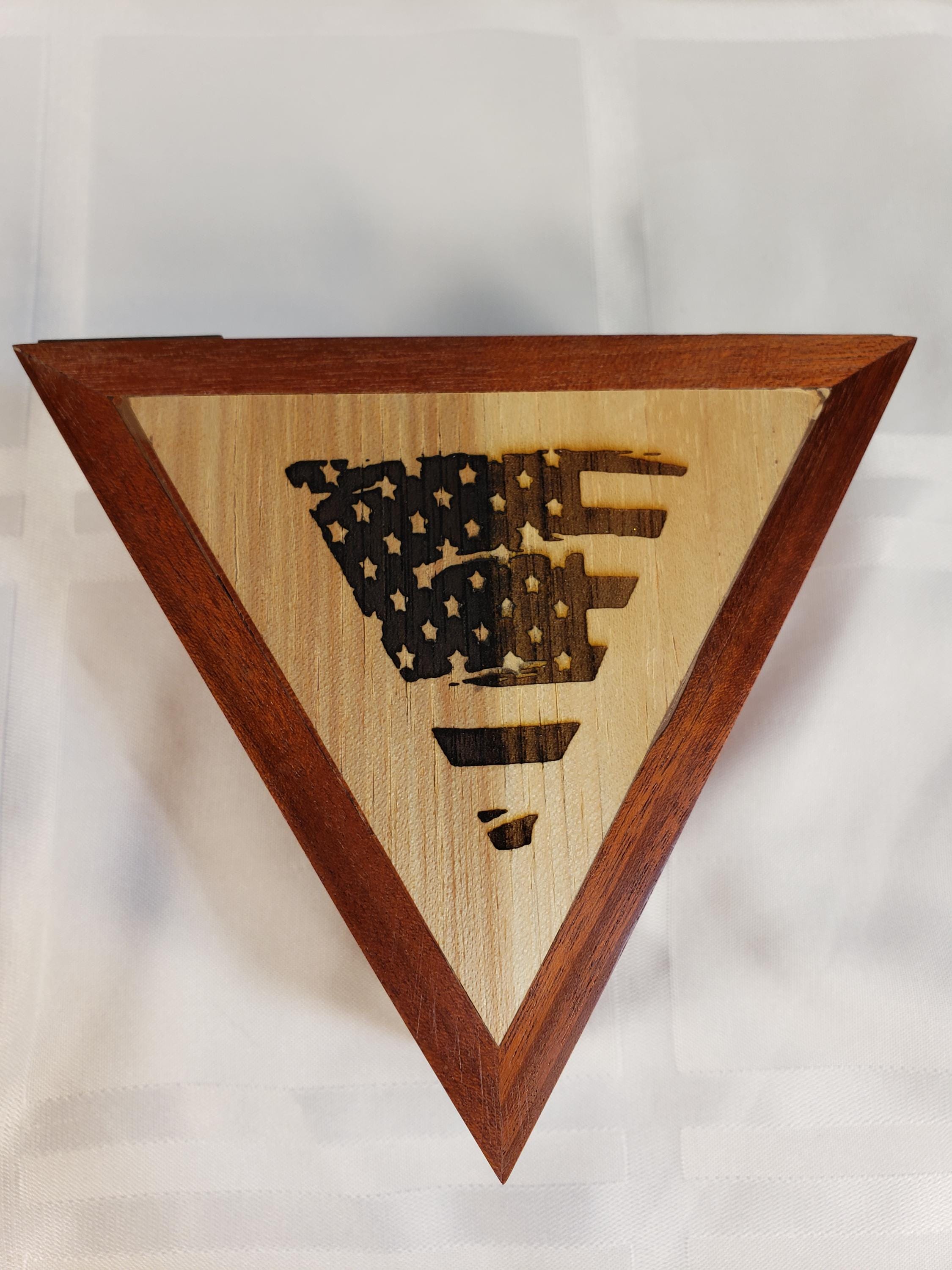 Rosewood & Oak Triangle Box With Triangle American Flag Laser Engraved ...