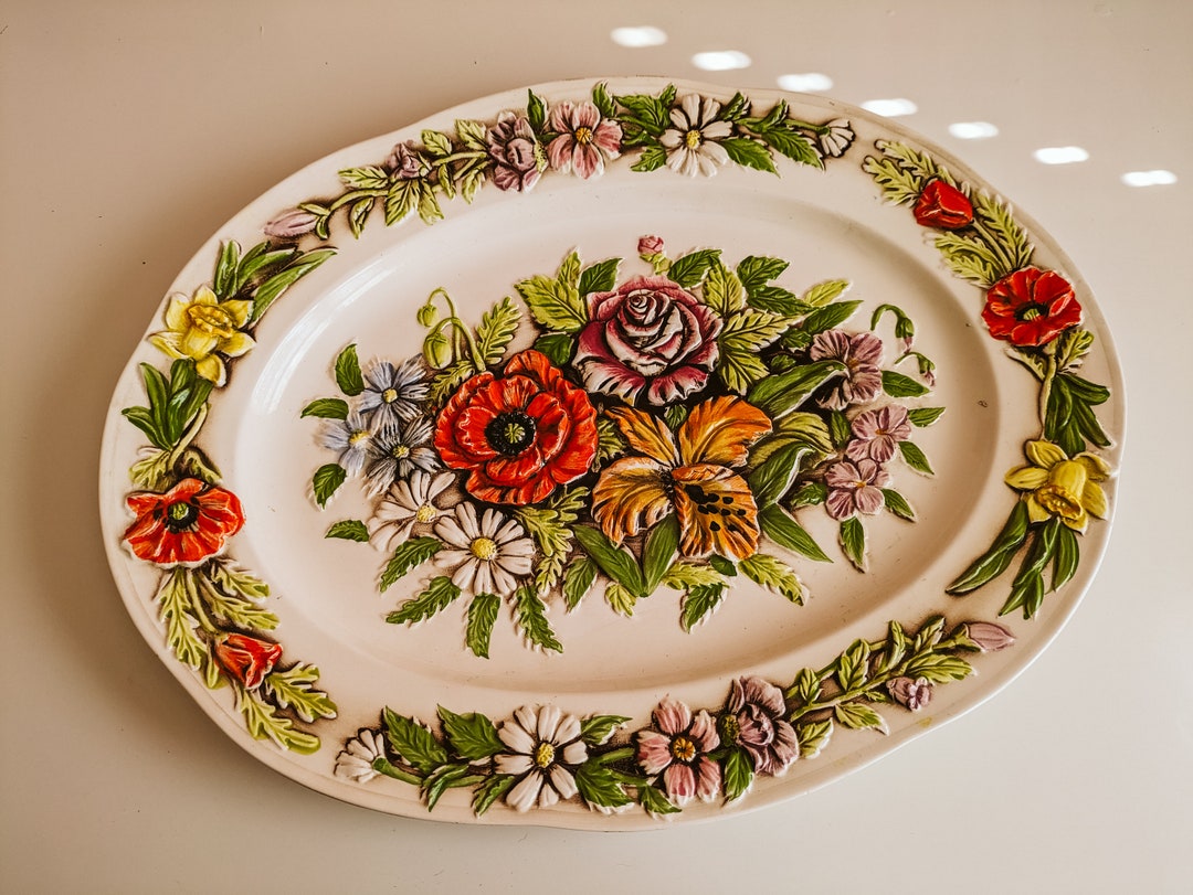 Floral Serving Platter Vintage Retro Painted Raised 3D KKC Marking ...