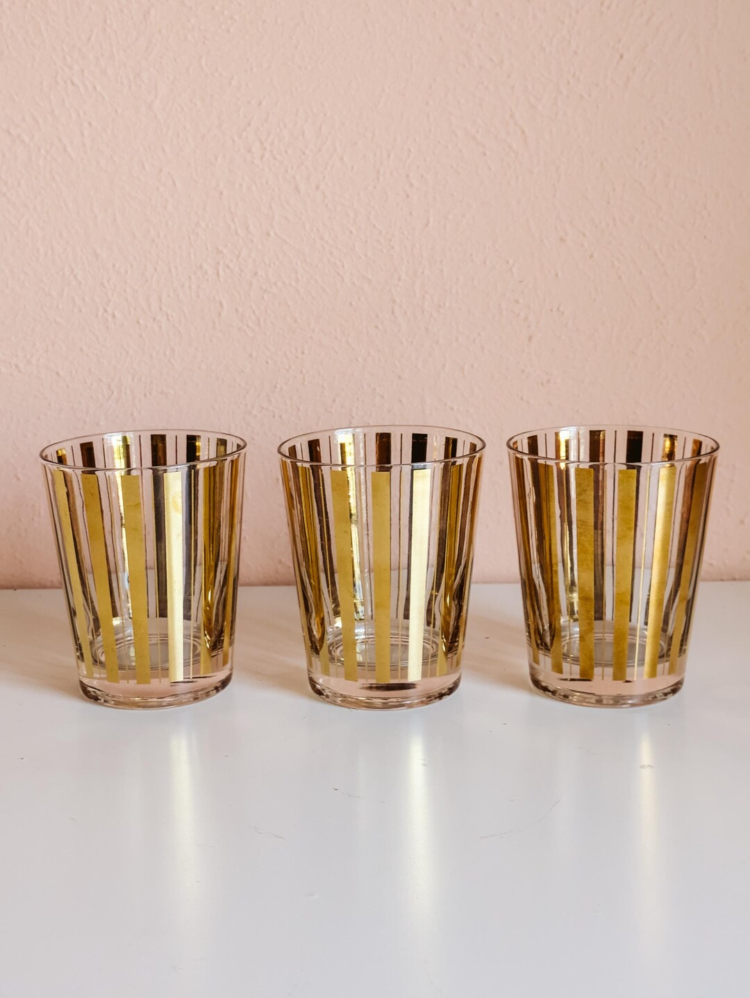 Vintage Gold Lowball Glasses Whiskey Retro Metallic Striped Culver ...