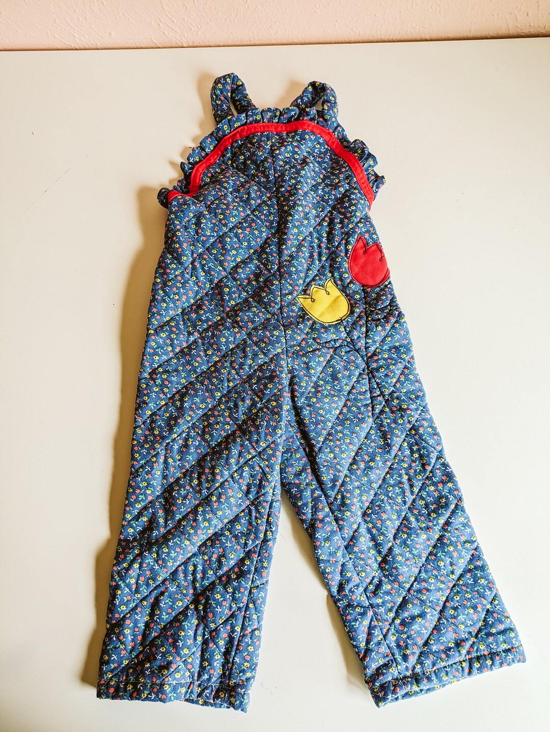 Vintage Quilted Overalls Kids Retro Blue Tulip Applique Size 3T Winter ...