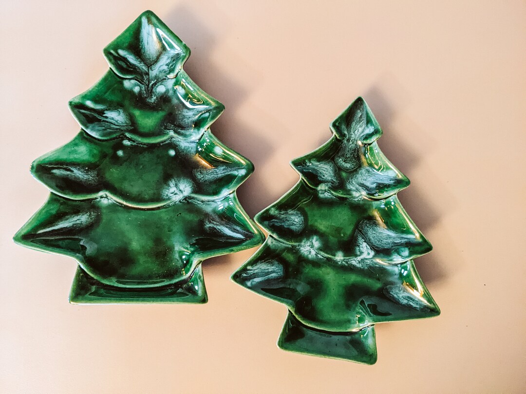 Christmas Tree Stacking Ceramic Trays Snack Dishes Painted Drip Pottery ...