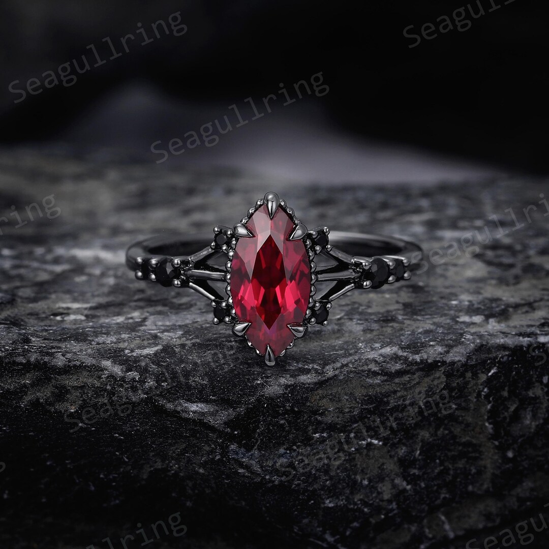 Black Gold Ruby Ring Unique Marquise Cut Ruby Engagement Ring Round Cut ...