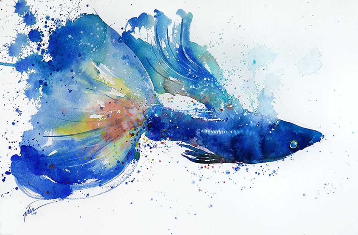 Guppy Blue • Watercolor With Gouache • Original Painting - Etsy