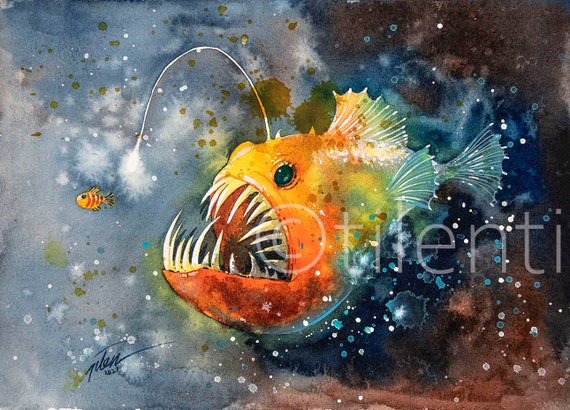 ANGLERFISH watercolor painting 19x27cm 7.5x10.5 inches | Etsy