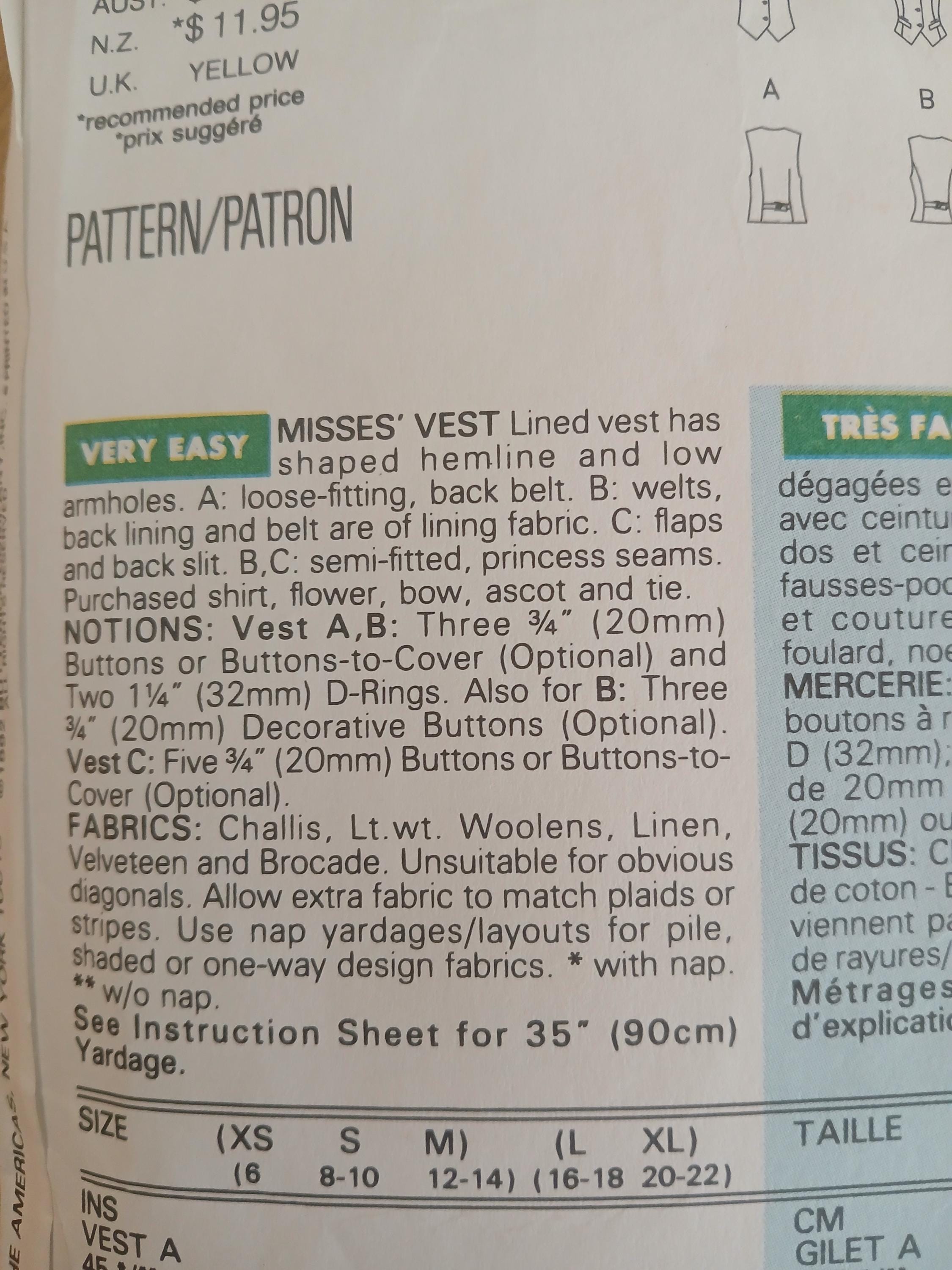 Rare Vintage Butterick 6417 Vest Pattern. Sizes XS-M. - Etsy