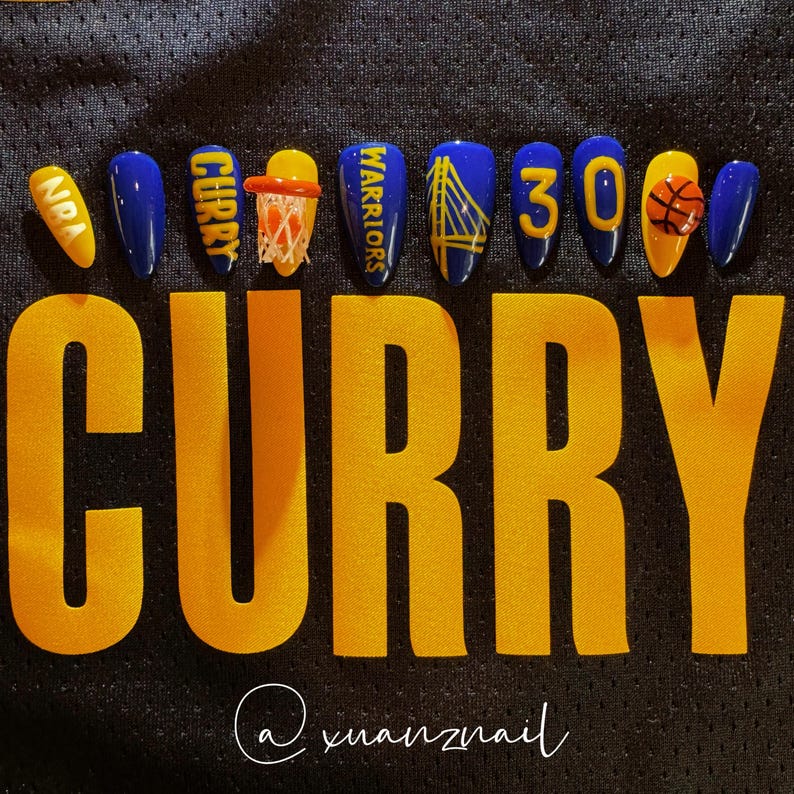 Warriors Curry Press on Nails: Handmade NBA Basketball Nail Set ...