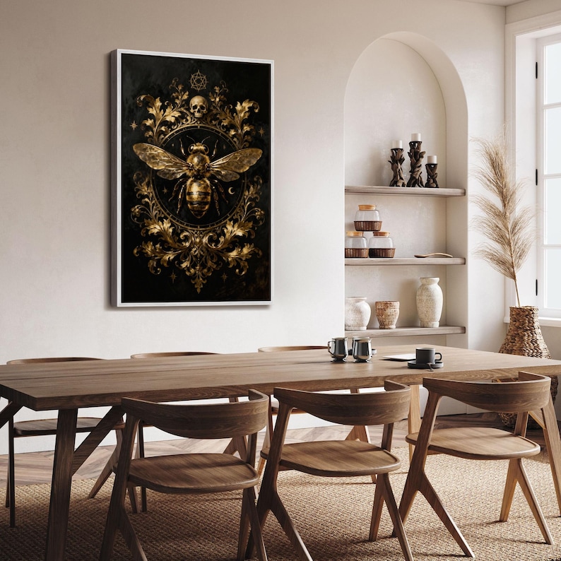 Gothic Bee Framed Wall Art, Gold Skull Wall Art Print, Vintage Large ...
