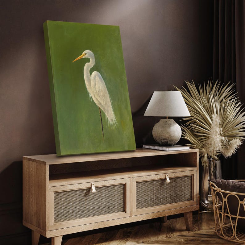 Egret Framed Wall Art, Vintage Bird Wall Art Print, Large Canvas Wall ...