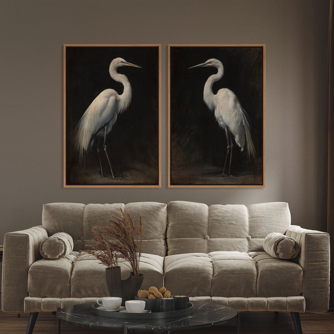Egret Framed Wall Art Set of 2, Vintage Birds Wall Art Prints, Large ...