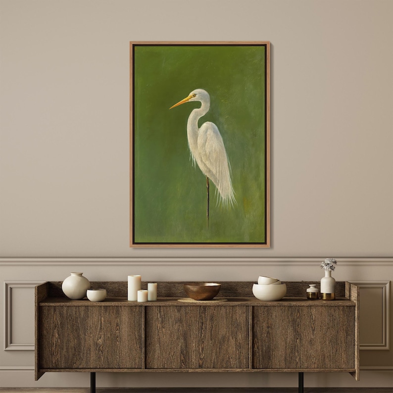 Egret Framed Wall Art, Vintage Bird Wall Art Print, Large Canvas Wall ...