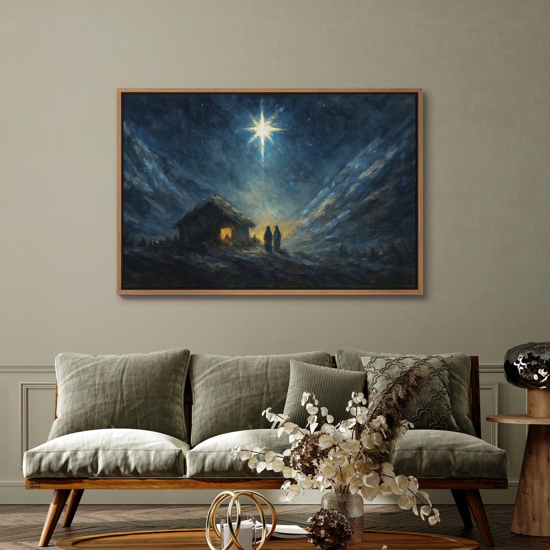 Framed Nativity Scene Wall Art, Holy Night Bethlehem Star Canvas Print ...