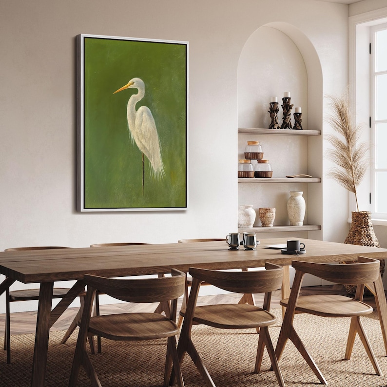 Egret Framed Wall Art, Vintage Bird Wall Art Print, Large Canvas Wall ...