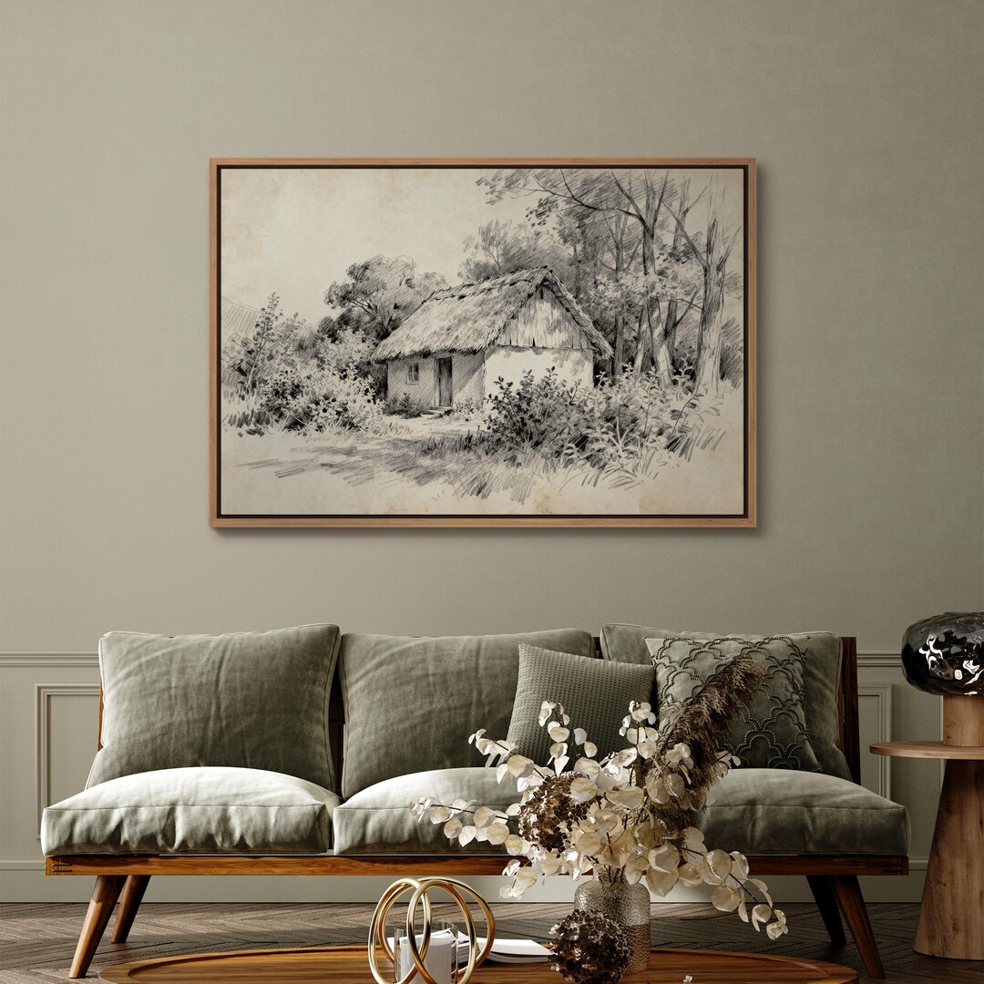 Rustic Cottage Sketch Wall Art Print, Country House Drawing Print ...