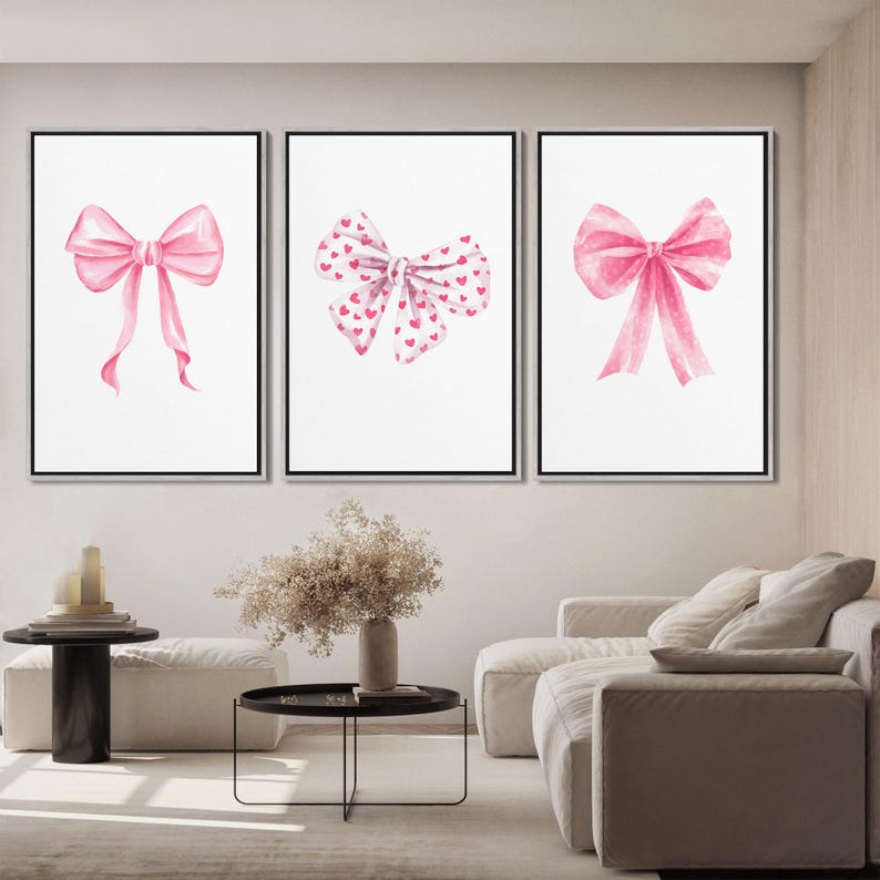 Trendy Pink Bows Wall Art Set of 3, Preppy Poster, College Apartment ...
