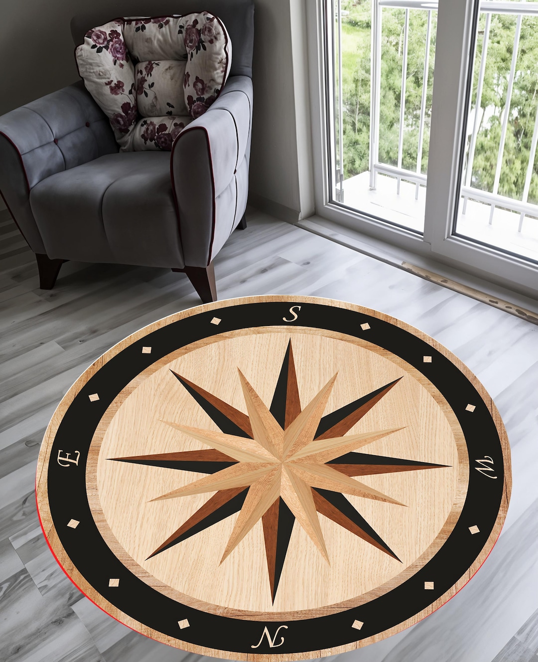 Compass Rug,compass Pattern Rug,round Rug,durable Tug,washable Rug,non ...