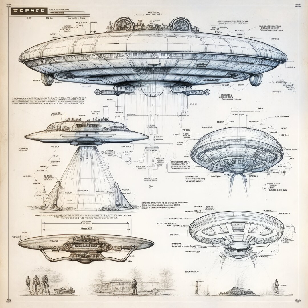 Vintage Illustrations UFO Flying Saucer Space Ship Starship Blueprint ...