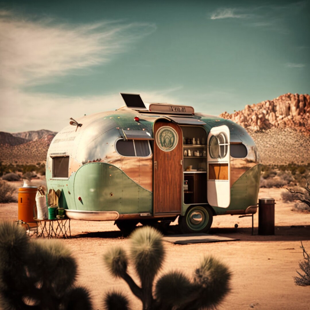Vintage Tree Travel Camper Trailer in the Desert With Cactus ...