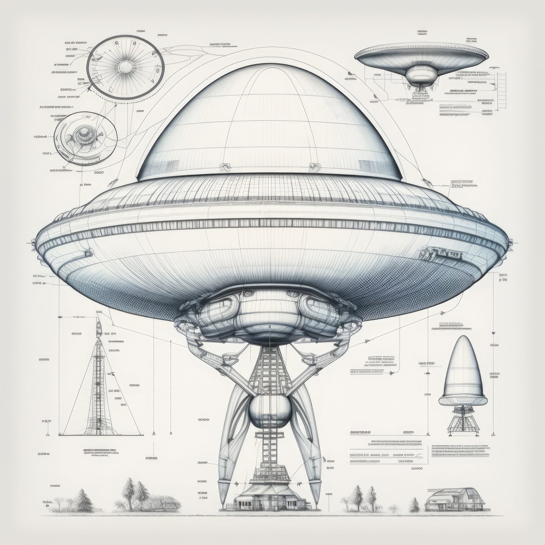 Vintage Illustrations UFO Flying Saucer Space Ship Starship Blueprint ...