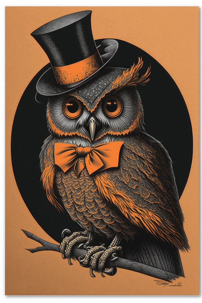 Vintage Style Line Drawings of Halloween Owl in Topcoat and Bow Tie ...
