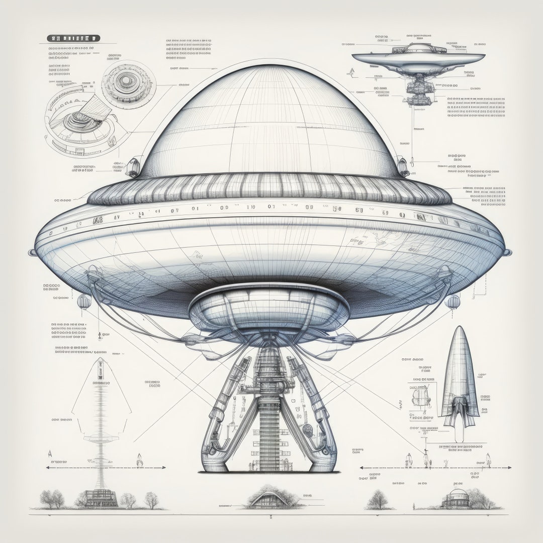 Vintage Illustrations UFO Flying Saucer Space Ship Starship Blueprint ...