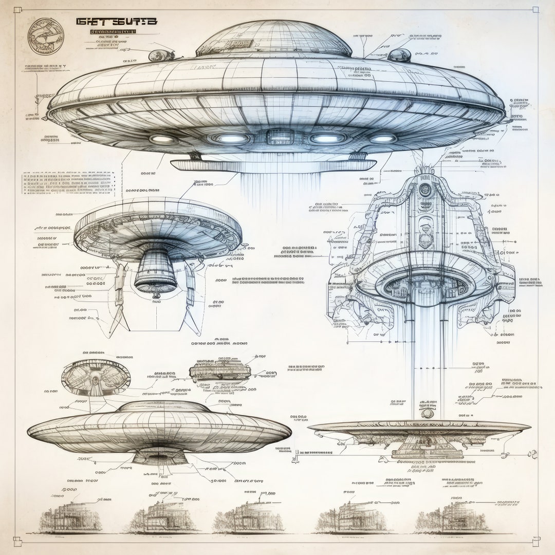 Vintage Illustrations UFO Flying Saucer Space Ship Starship Blueprint ...