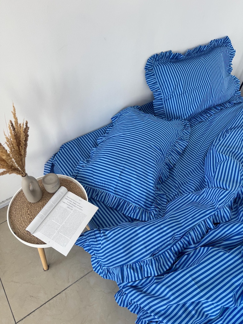 Ruffled Striped Blue Cotton Bedding Set: Duvet Cover, Pillowcases - Etsy