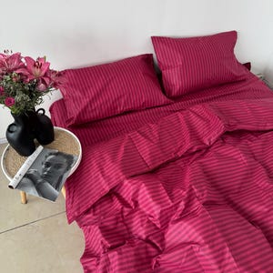 Stripe Red Bedding Set: Duvet Cover, Pillowcases, Flat or Fitted Sheet ...