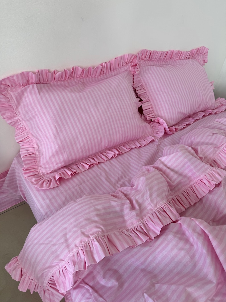 Pink Stripe Ruffle Bedding Set: 100% Cotton Duvet Cover and Pillowcases ...