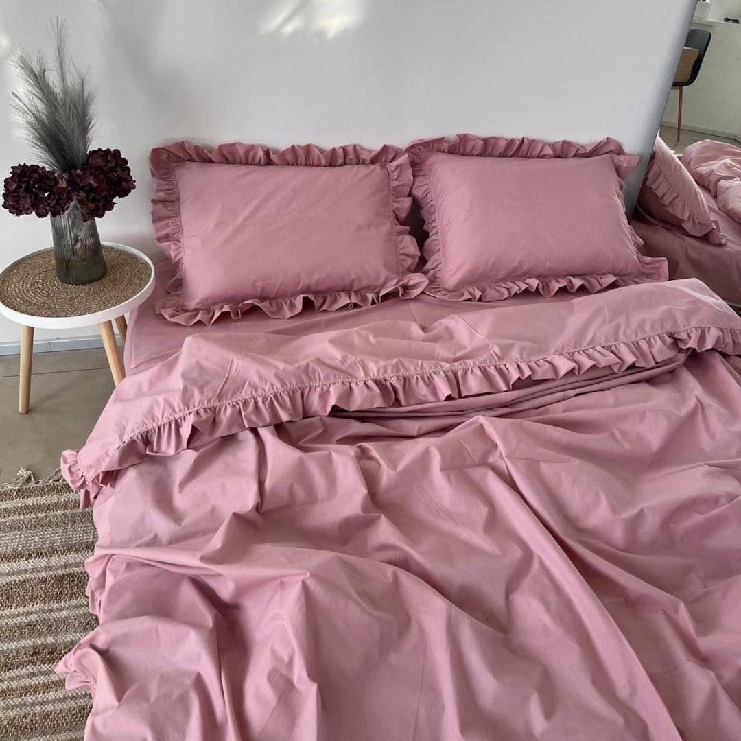 Pink Ruffled Bedding Set in Vintage Style 100% Cotton -double, Queen ...