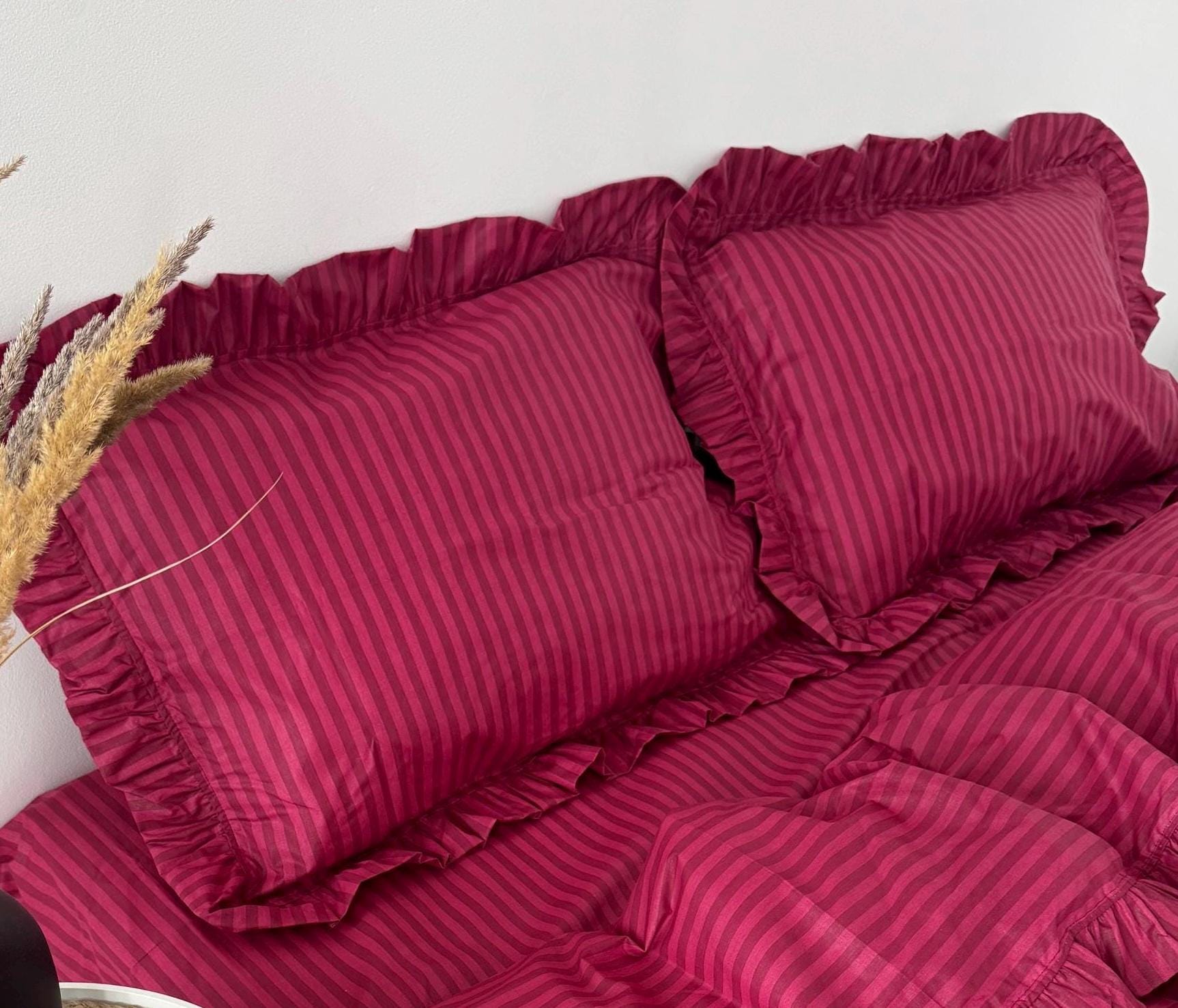 Set of 2 Red Striped Pillowcases 100% Cotton. Ruffled Pillowcases ...