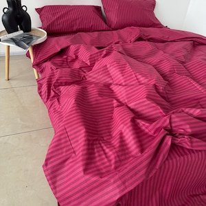 Stripe Red Cotton Bedding Set: Custom Duvet Cover & Pillowcases - Etsy